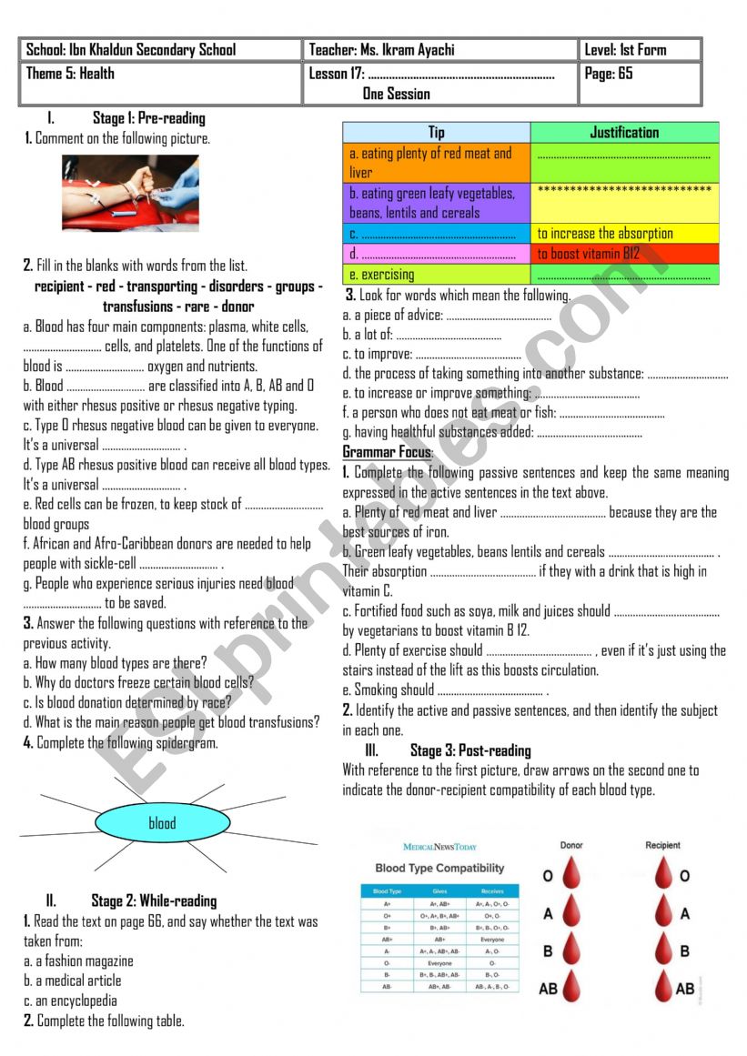 1st Form - Lesson n° 17 - Tips to Keep Your Blood Healthy - ESL ...