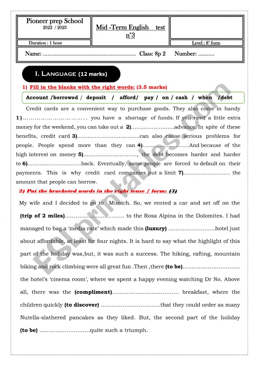Mid- Term Pioneer prep School Test n°3 (8th form) - ESL worksheet by ...