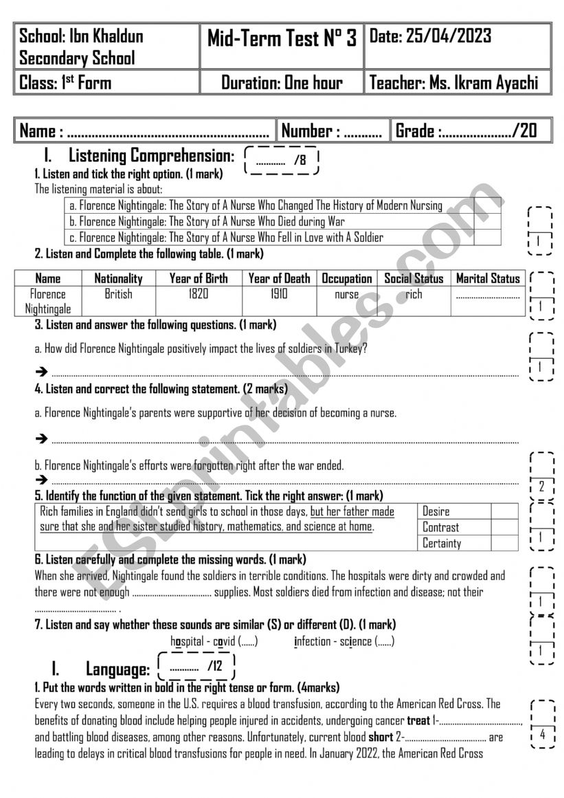 1st Form - Mid-Term Test n° 3 - ESL worksheet by English Teacher 24