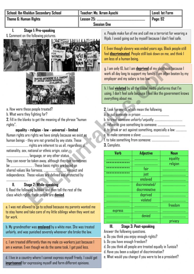 1st Form - Lesson n° 25 - Human Rights - ESL worksheet by English ...