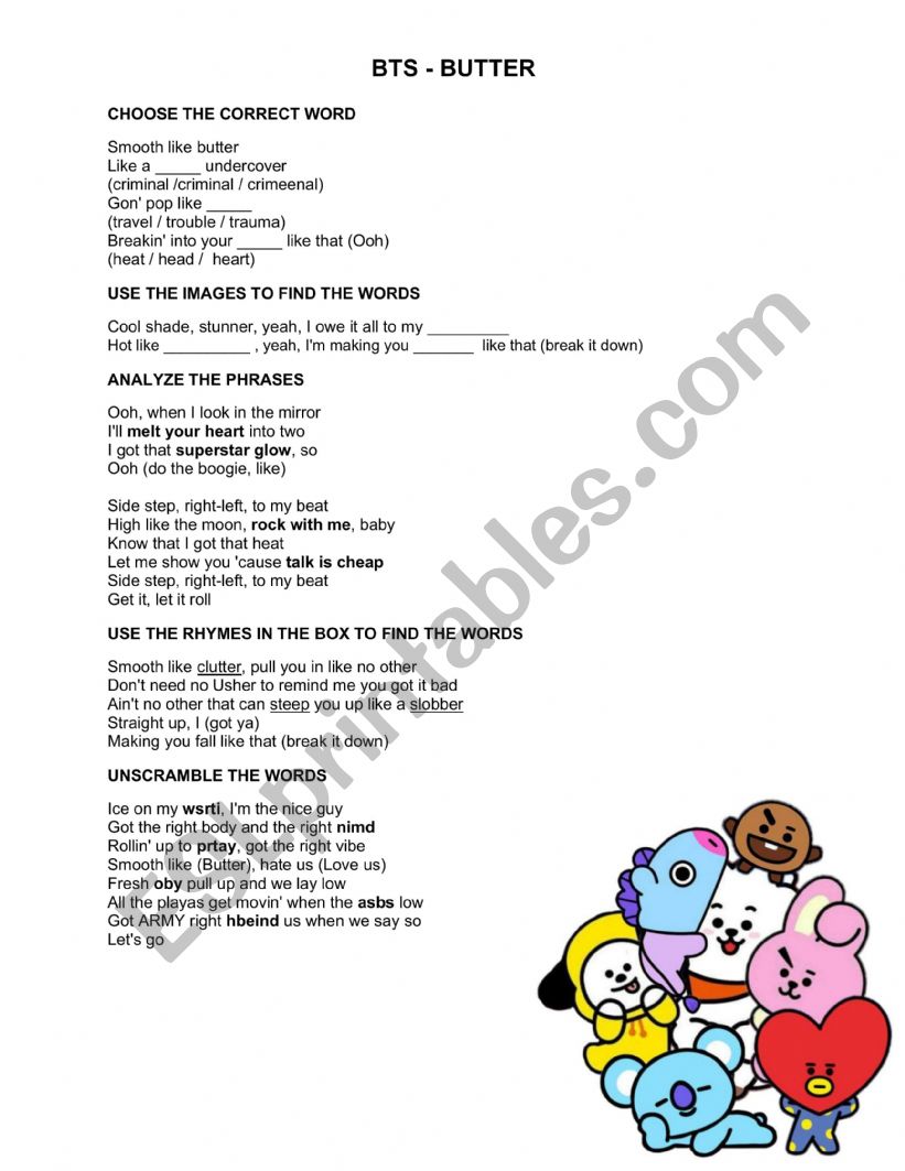 Song Acitvity - Butter by BTS - ESL worksheet by MarcelaMarques