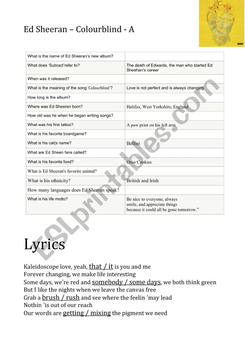 Ed Sheeran – Colourblind - ESL worksheet by psrates