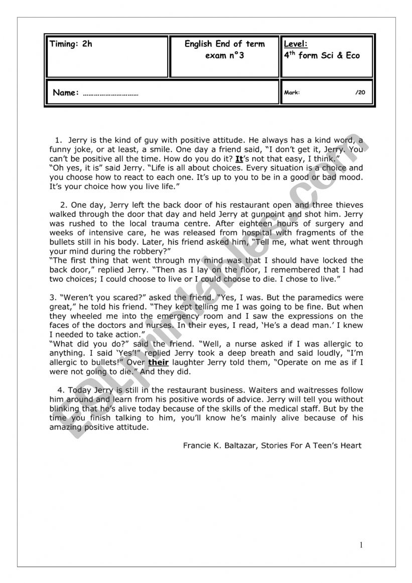 BAC end of term exam n°3 - ESL worksheet by rewa123