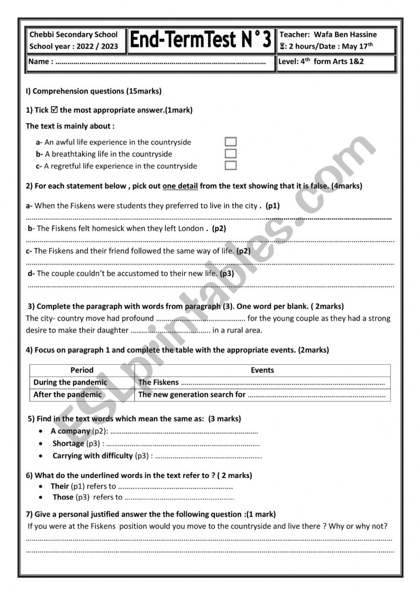 End term test 3 (4th form) - ESL worksheet by wafouta End term test 3 (4th form) - ESL worksheet by wafouta