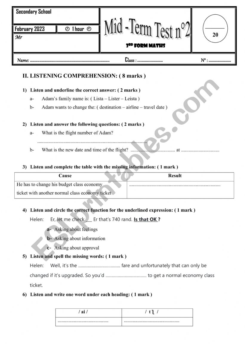 MID TERM TEST N°3 3rd formers - ESL worksheet by foufafadwa