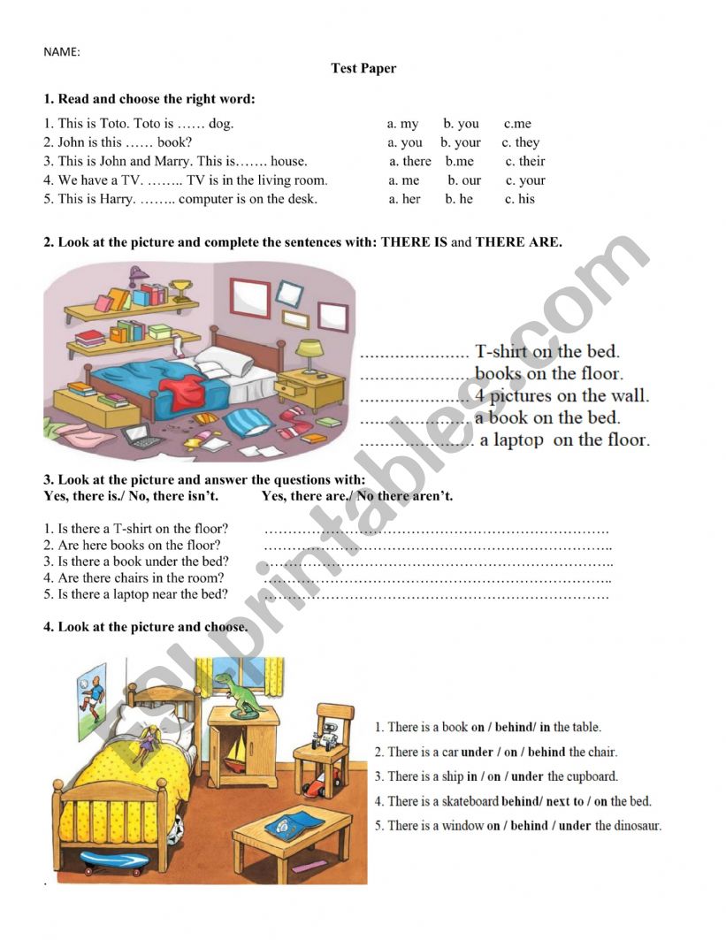 Test paper to be and place prepositions - ESL worksheet by Mika3343