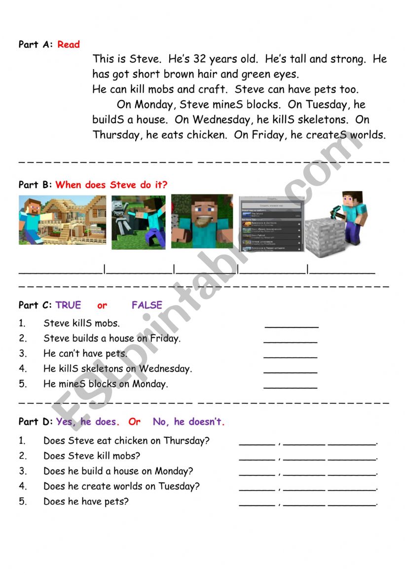 English worksheets: Week days_Present Simple_Minecraft