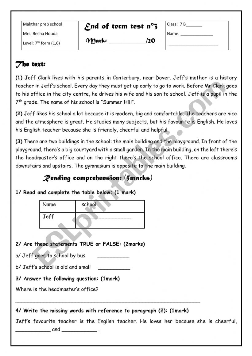 end of term test n°3 - ESL worksheet by hadhouda