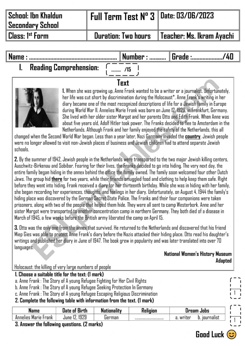 1st Form - Full Term Test n° 3 - ESL worksheet by English Teacher 24
