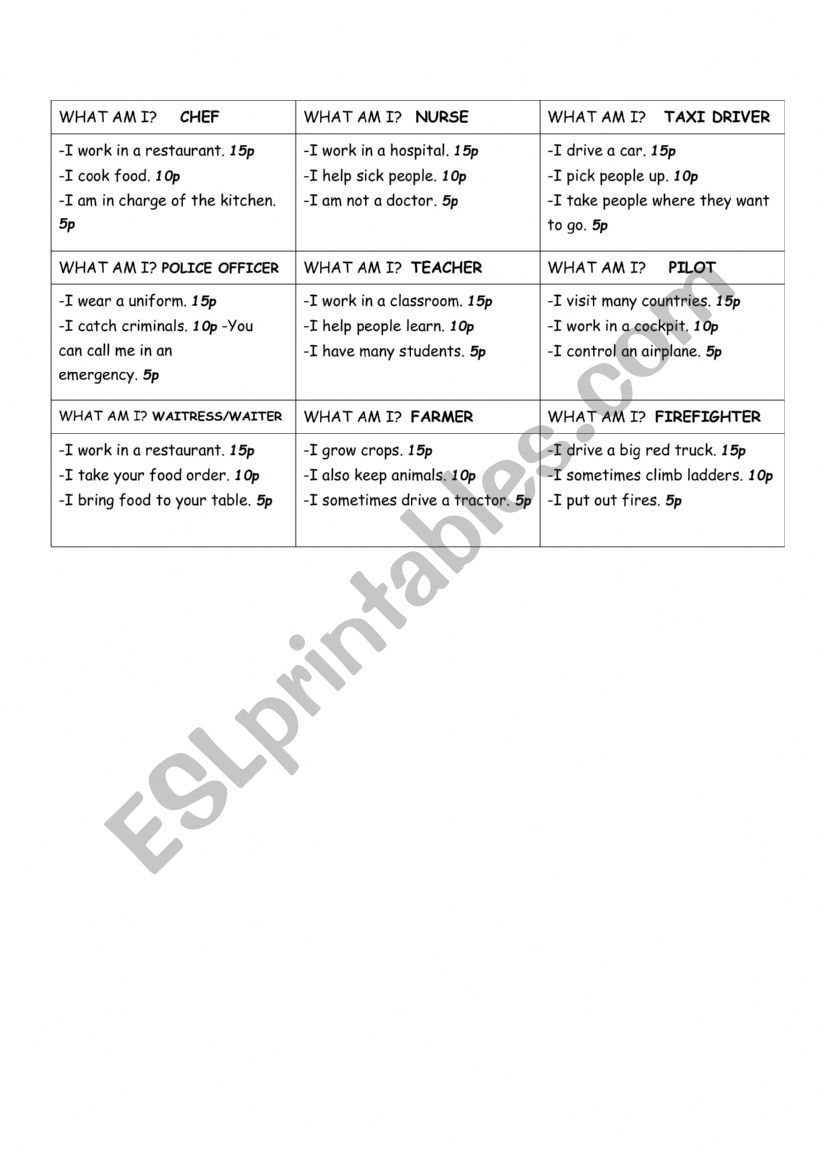What am I? Jobs and occupations - ESL worksheet by teacherludmi