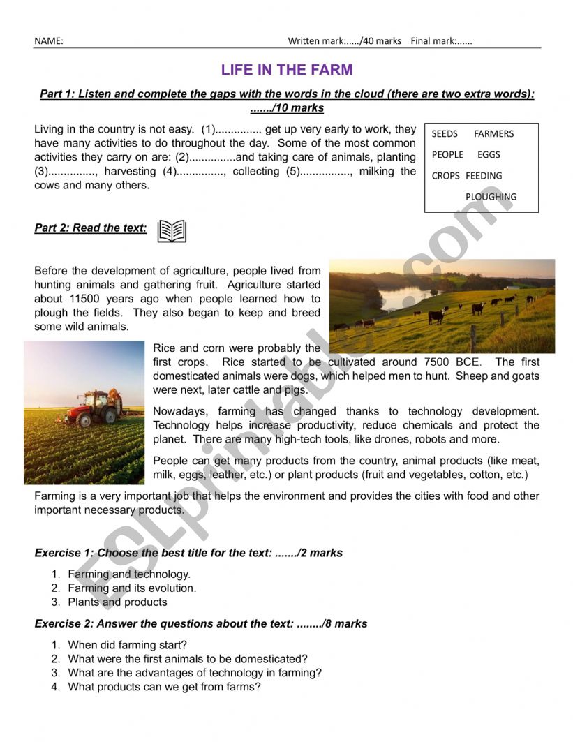 English worksheets: LIVING IN THE FARM
