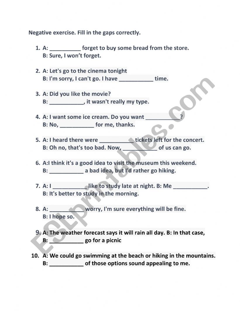 English worksheets: Negative forms worksheet
