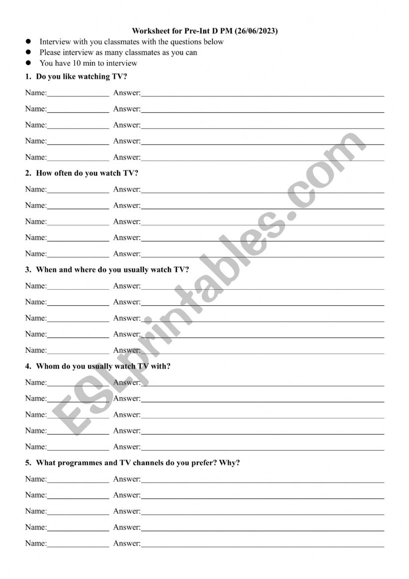 English worksheets: Speaking Task: Class Interview