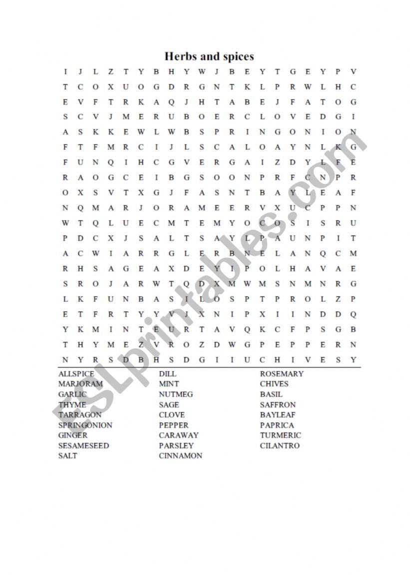 English worksheets: Herbs and spices wordsearch