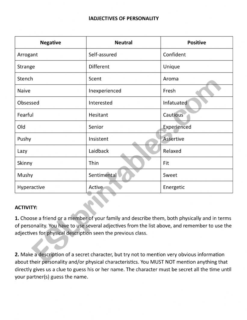 English worksheets: Adjectives of personality