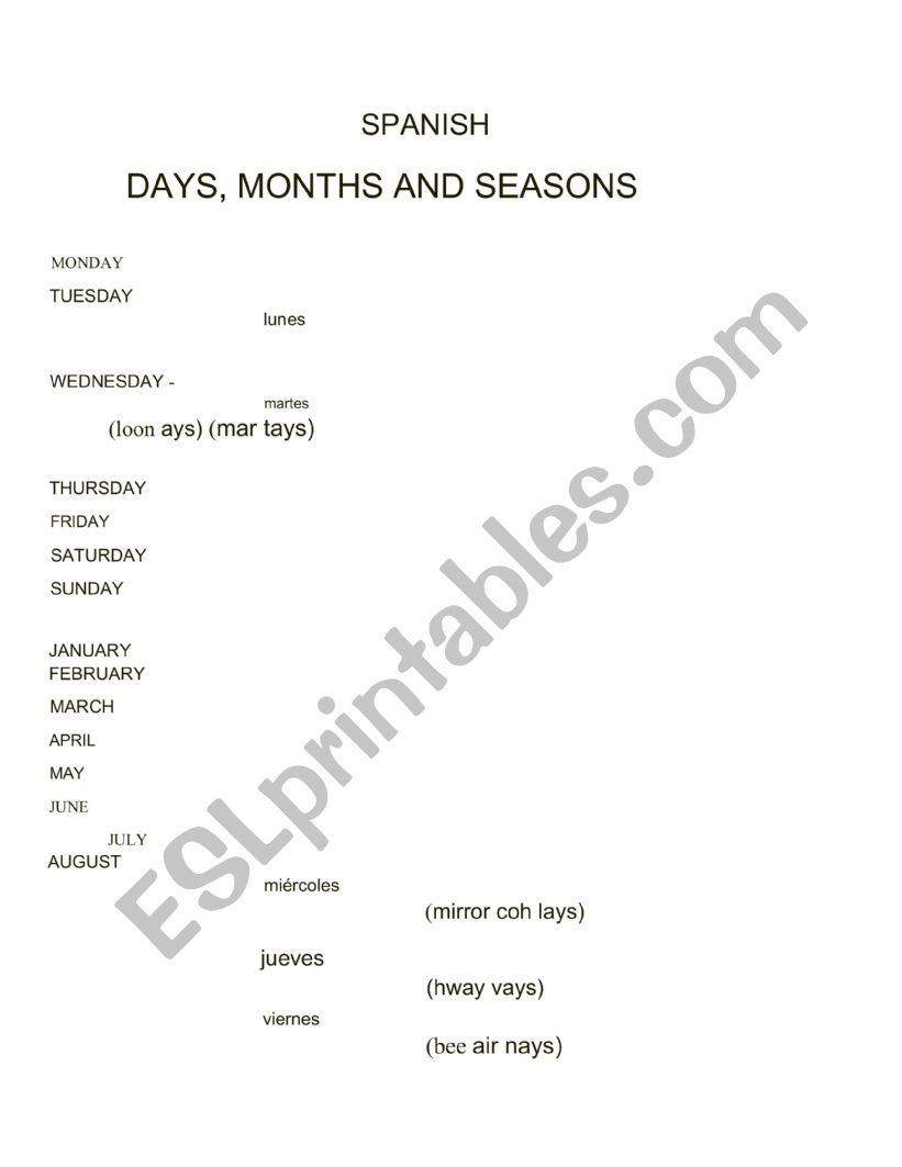 English worksheets: Spanish Days, Months and Seasons Vocabulary