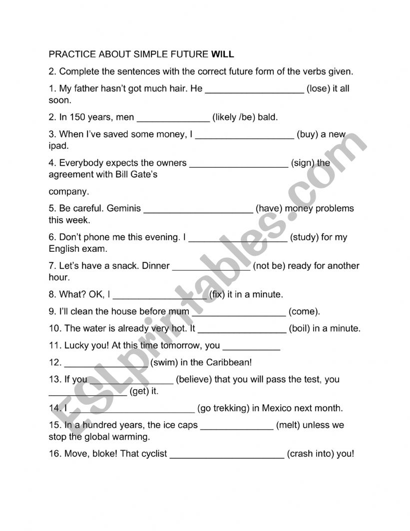 English worksheets: simple future practice