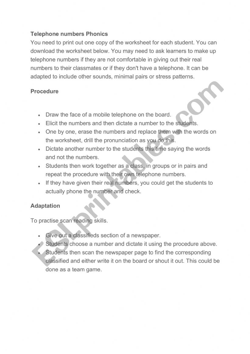 English worksheets: Phonics - Telephone numbers