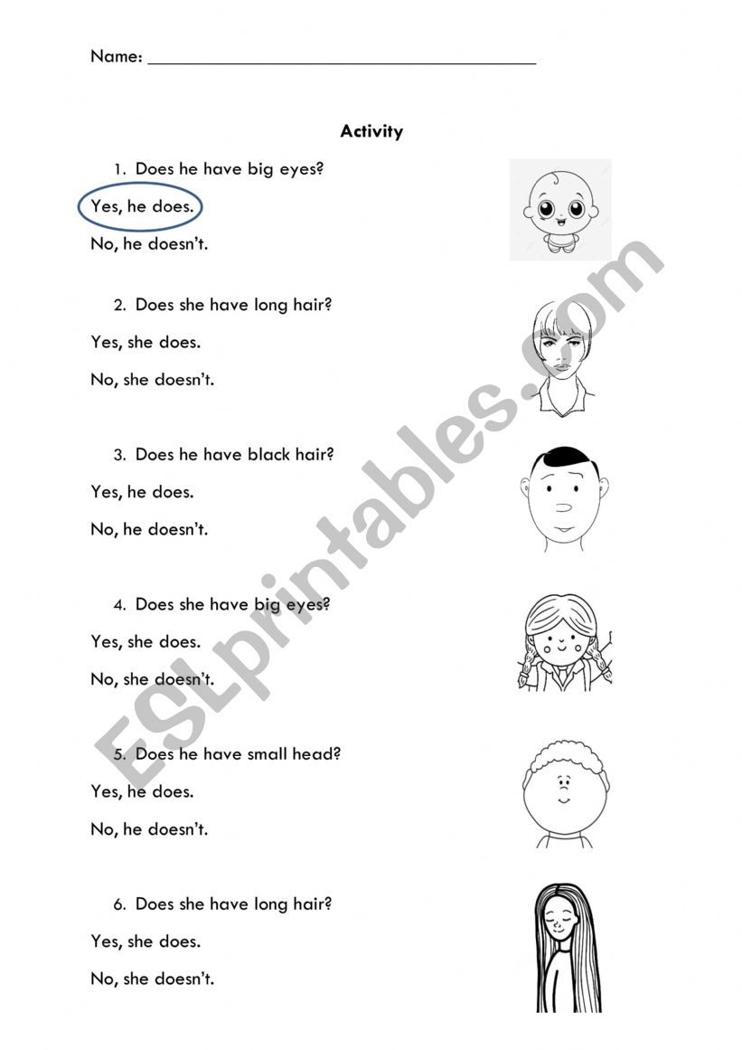 English worksheets: Does he have - Does she have