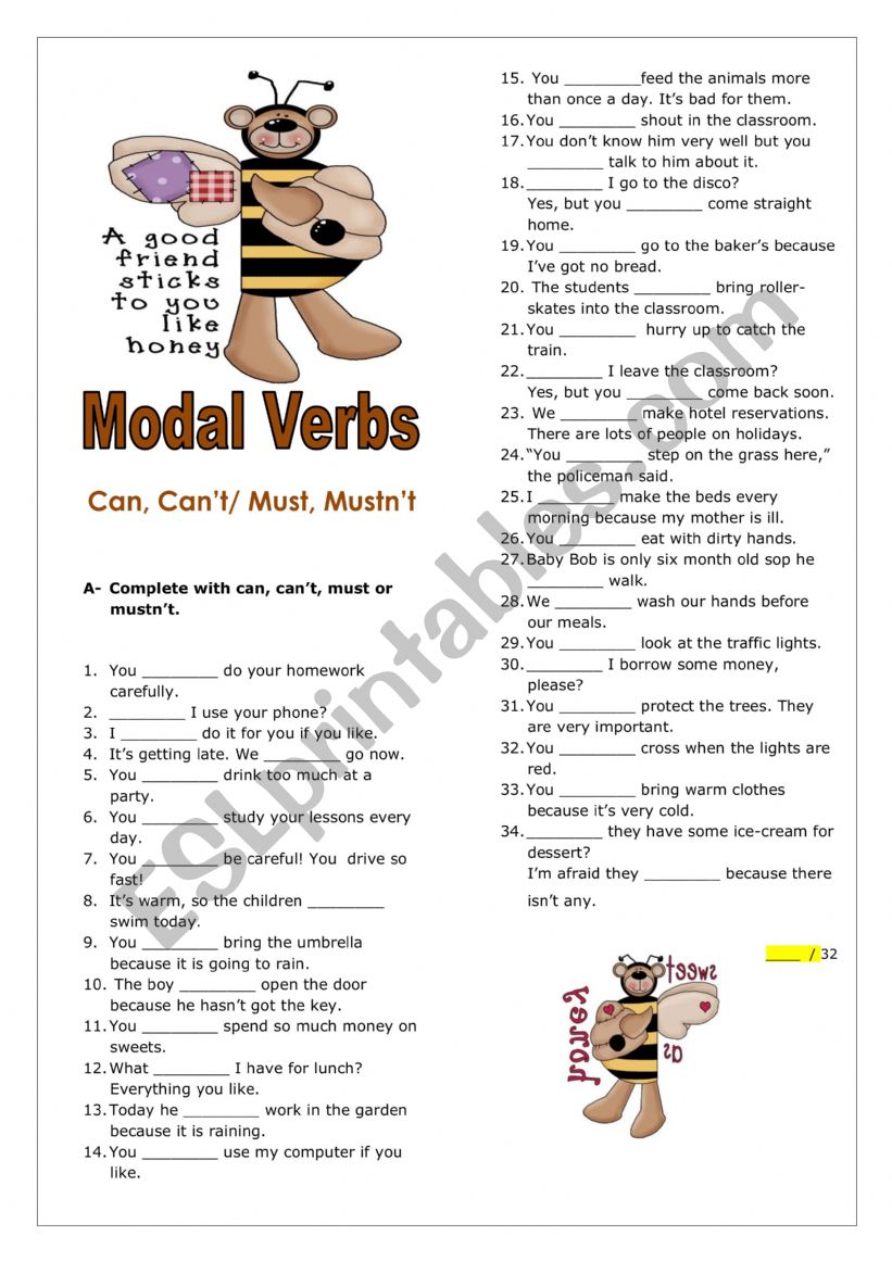 English worksheets: can canï¿½t must mustnï¿½t
