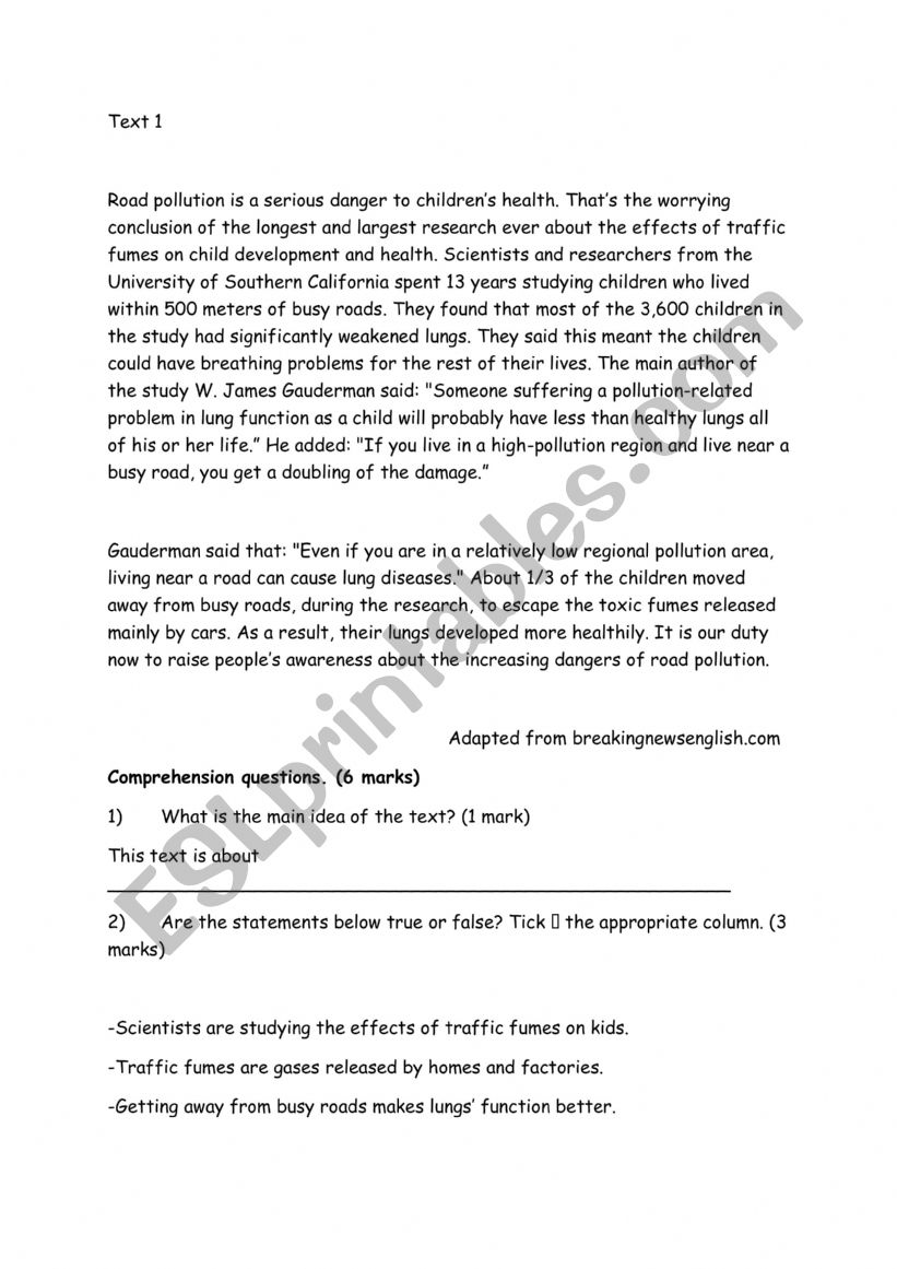 9 th form comprehension test N° 2 - ESL worksheet by sawssen kamoun