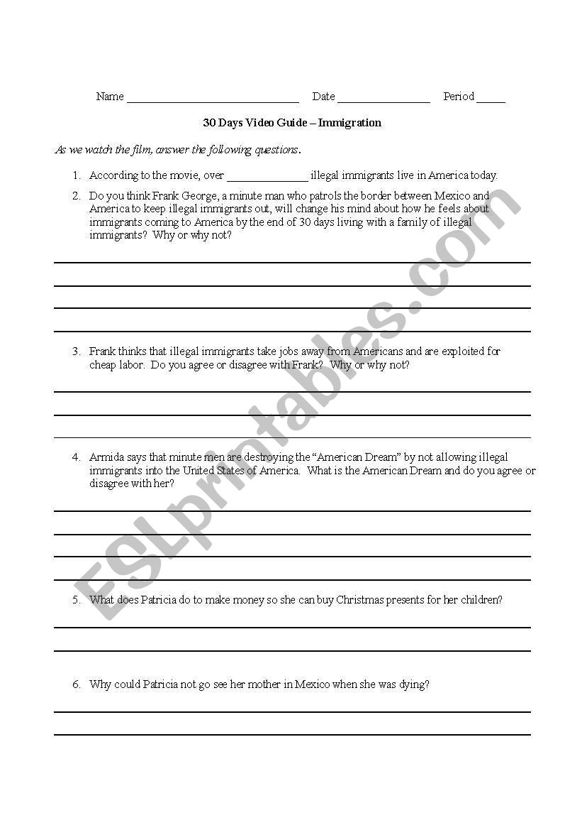 English worksheets: 30 Days Video Guide – Immigration