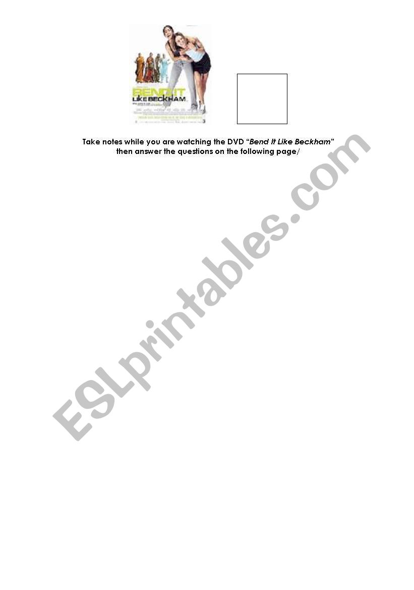 Bend it like Beckham DVD worksheet - ESL worksheet by ncarrasco
