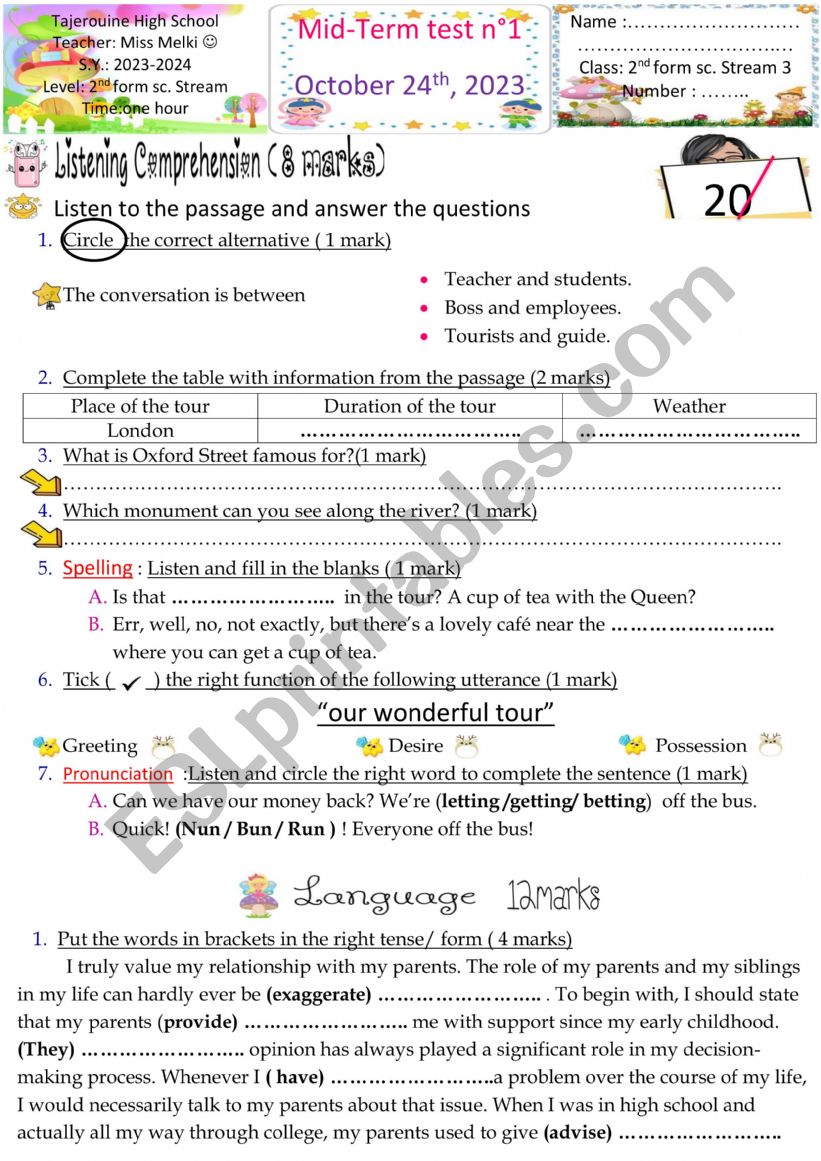 Mid term test nÂ°1 2nd form science stream - ESL worksheet by English ...