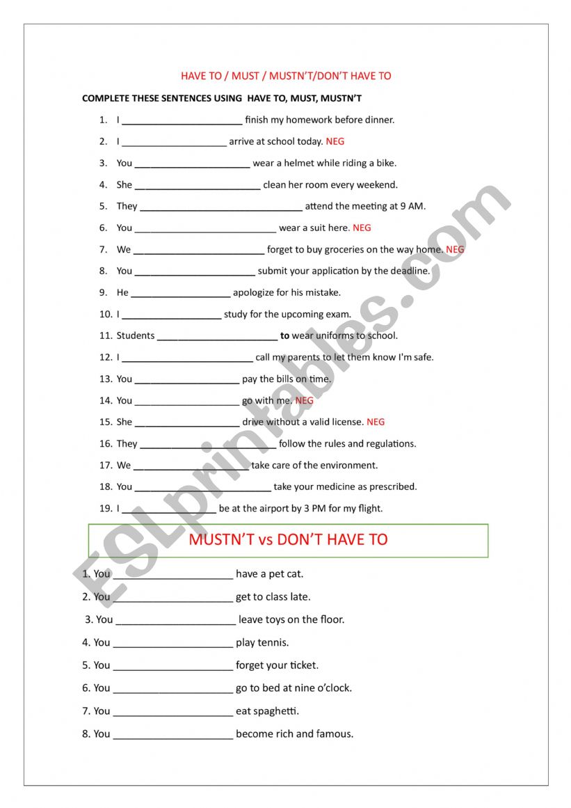 HAVE TO / MUST / MUSTN’T/DON’T HAVE TO - ESL worksheet by robertperu
