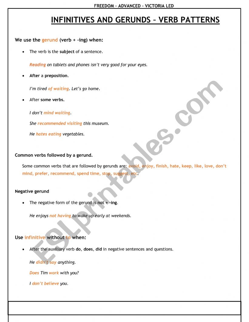 INFINITIVES AND GERUNDS – VERB PATTERNS - ESL worksheet by vickyled