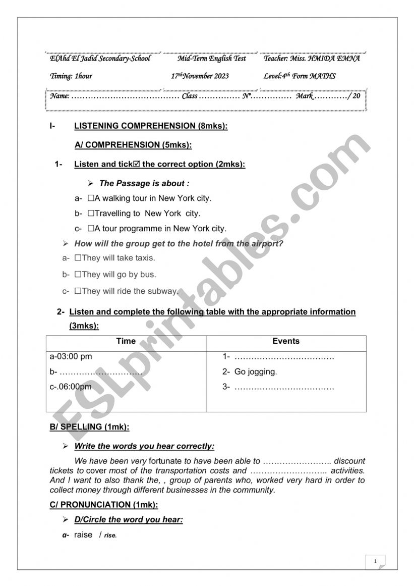 Mid-Term Test n°1. 4th form Maths. - ESL worksheet by Amyly