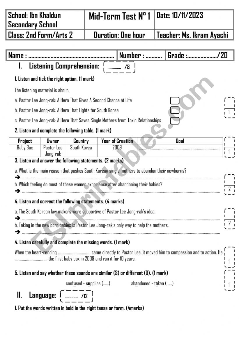 2nd Form - Arts - Mid-Term Test n° 1 - ESL worksheet by English Teacher 24