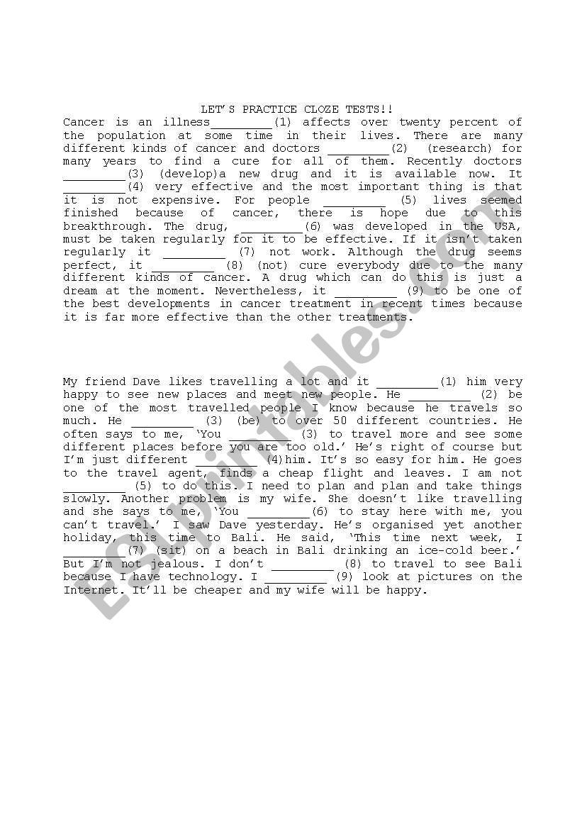 English worksheets: LET´S PRACTICE CLOZE TEST