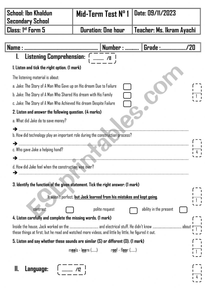 1st Form - Mid-Term Test n° 1 - ESL worksheet by English Teacher 24