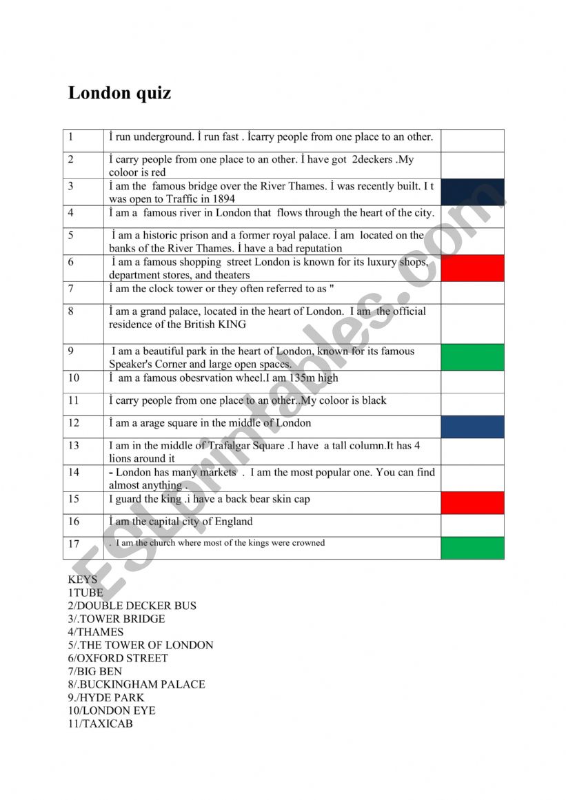 LONDON QUIZ - ESL worksheet by nabmehdi
