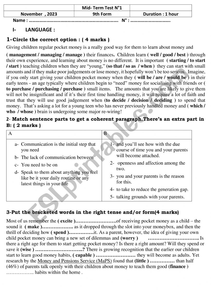 Mid Term test N°1 9th form - ESL worksheet by loujein