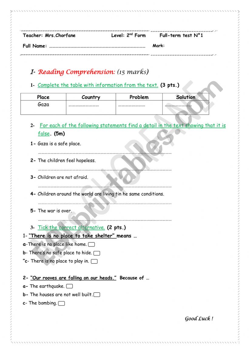 2nd form fullterm test n°1 - ESL worksheet by lostalias23