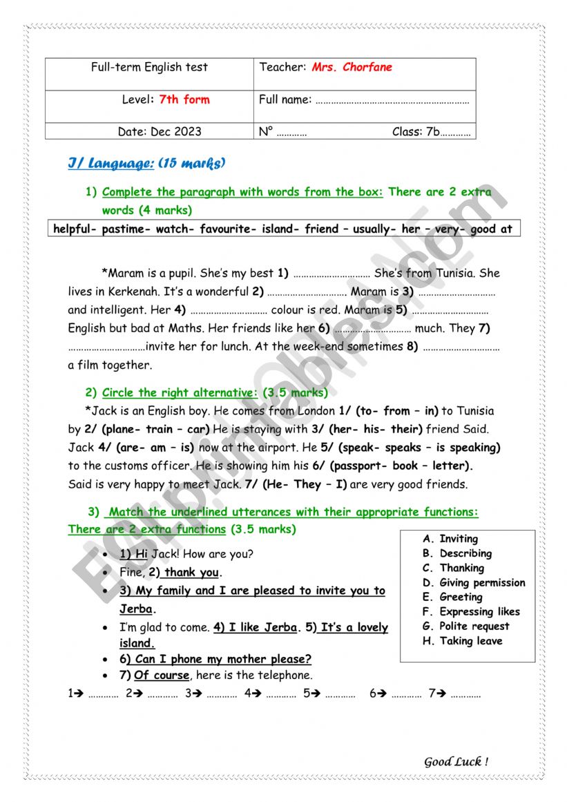 7th form full test n°1 - ESL worksheet by lostalias23