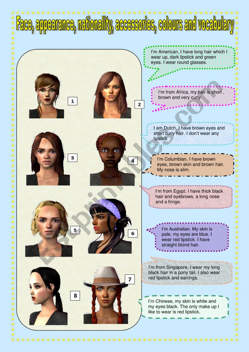 Page 1: colour and draw yourself and others using description. Page 2 ...