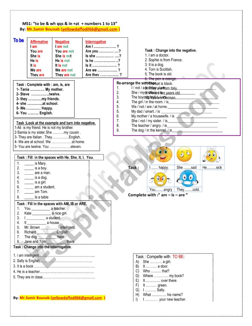 to be & wh qqs & in +at + numbers 1 to 13” - ESL worksheet by SB trainer