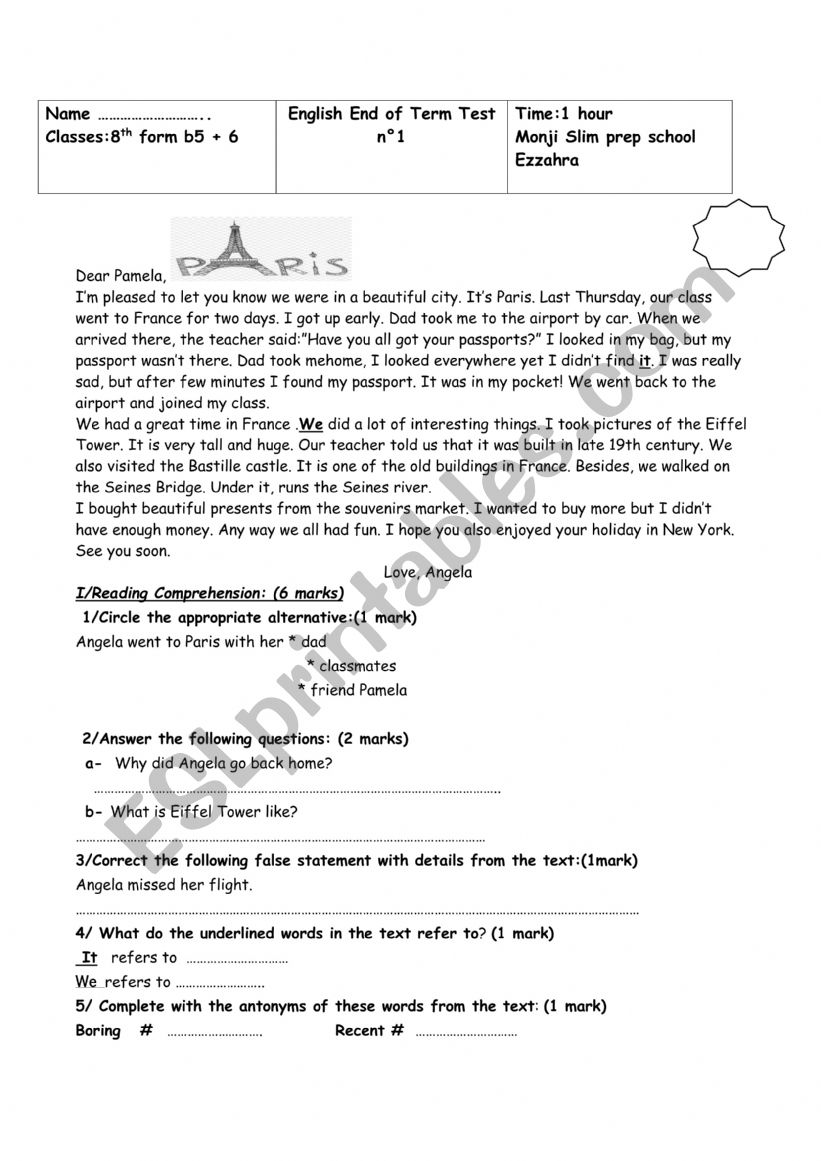8 th end of term test n°1 - ESL worksheet by nadou2