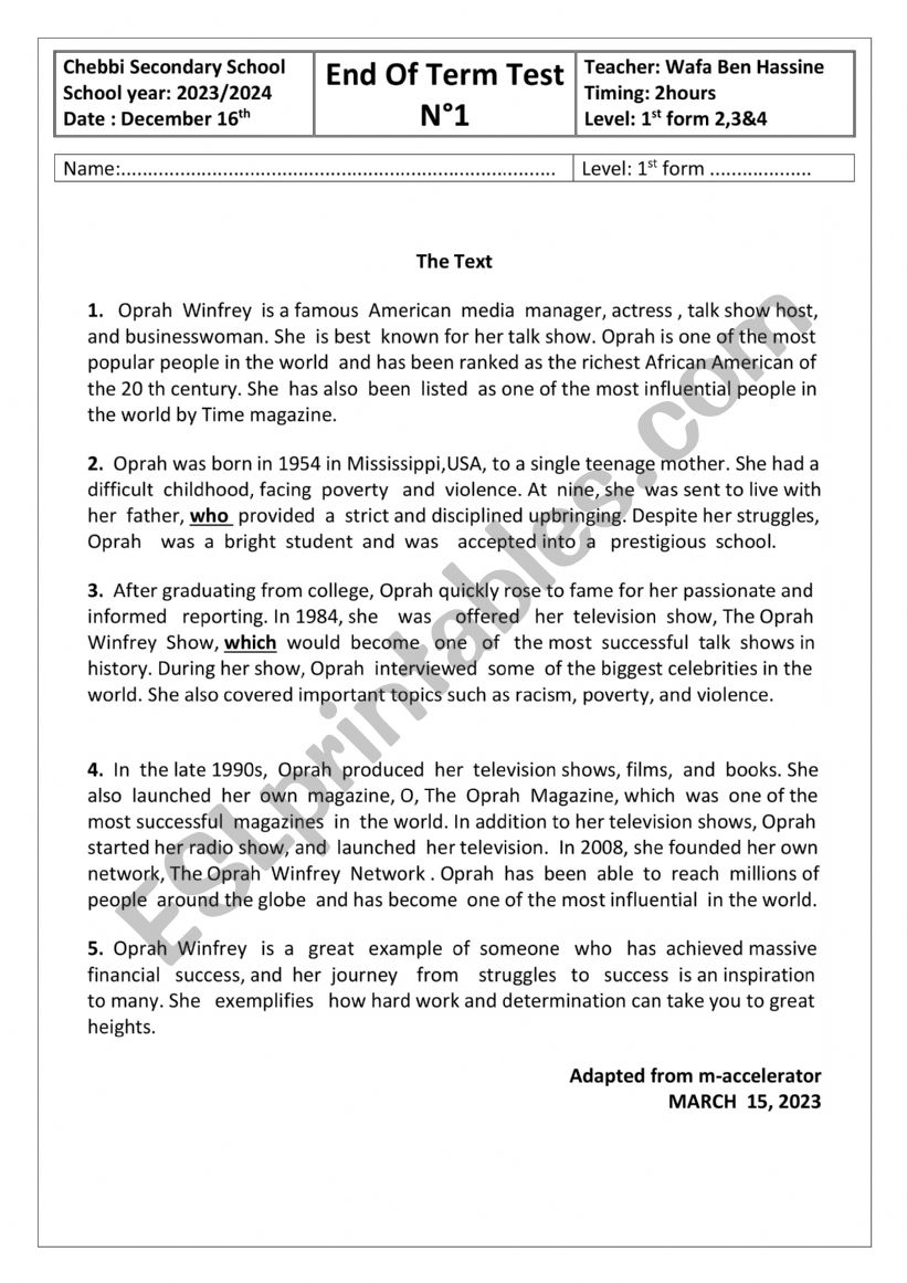 End term test N°1 first form - ESL worksheet by wafouta