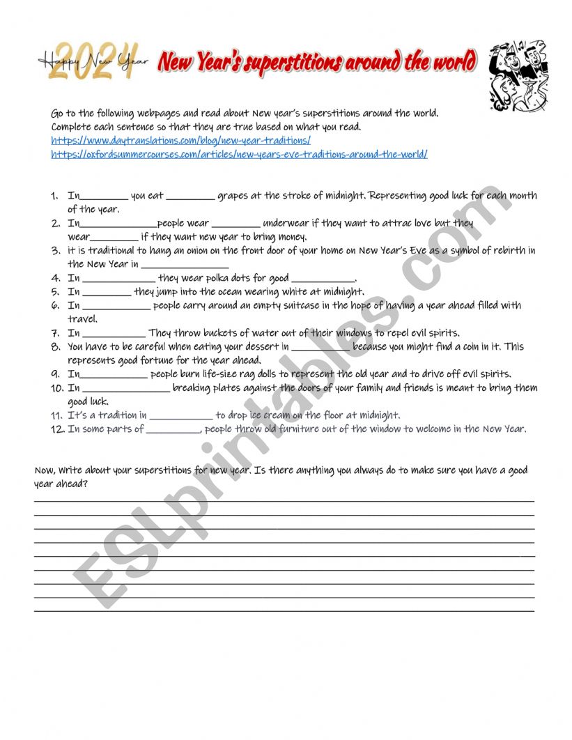 New yearÂ´s superstitions around the world - ESL worksheet by Lavipadilla06