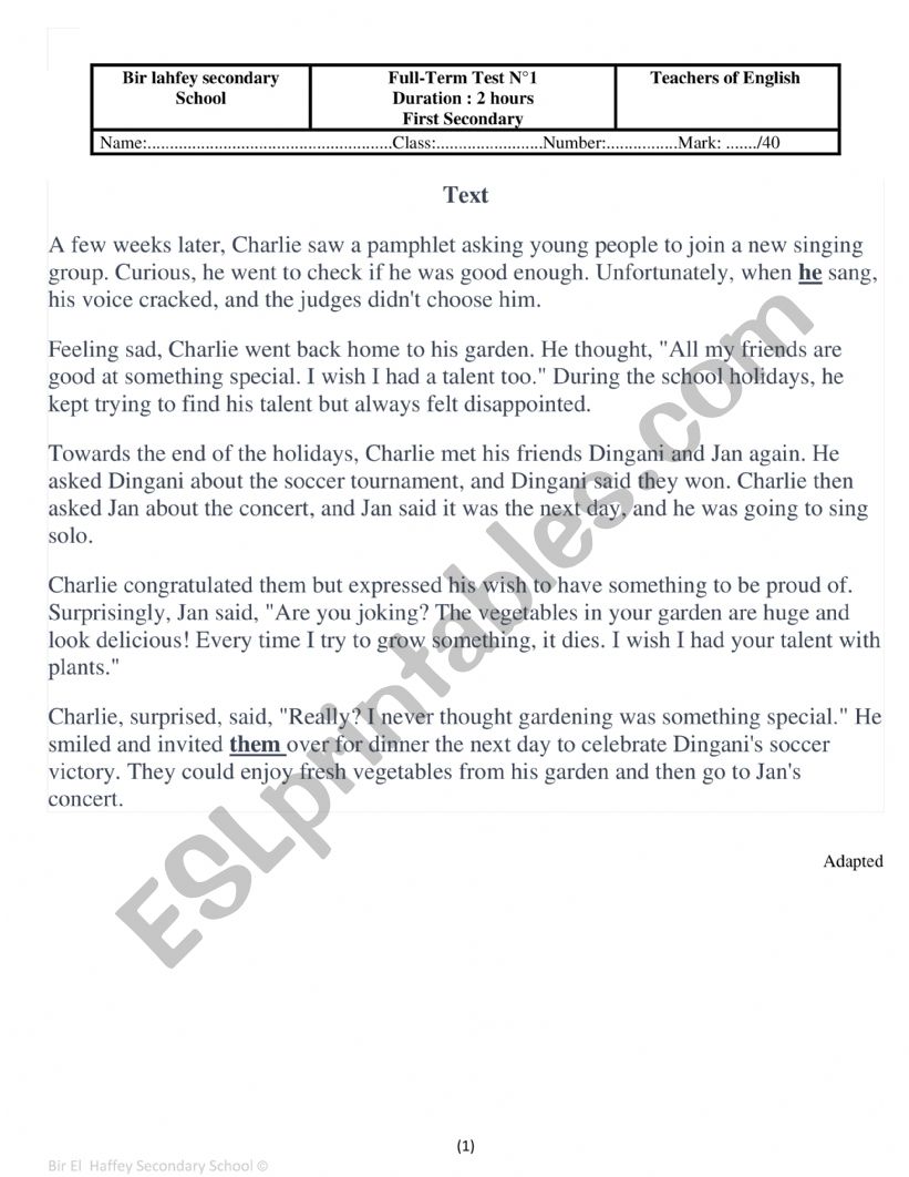 Full-Term Test N°1 first secondary - ESL worksheet by zamzam2015