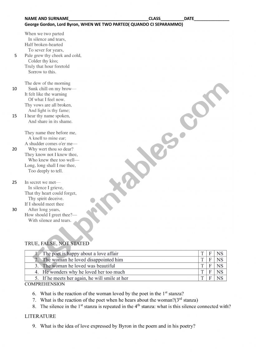 English worksheets: BYRON WHEN WE TWO PARTED