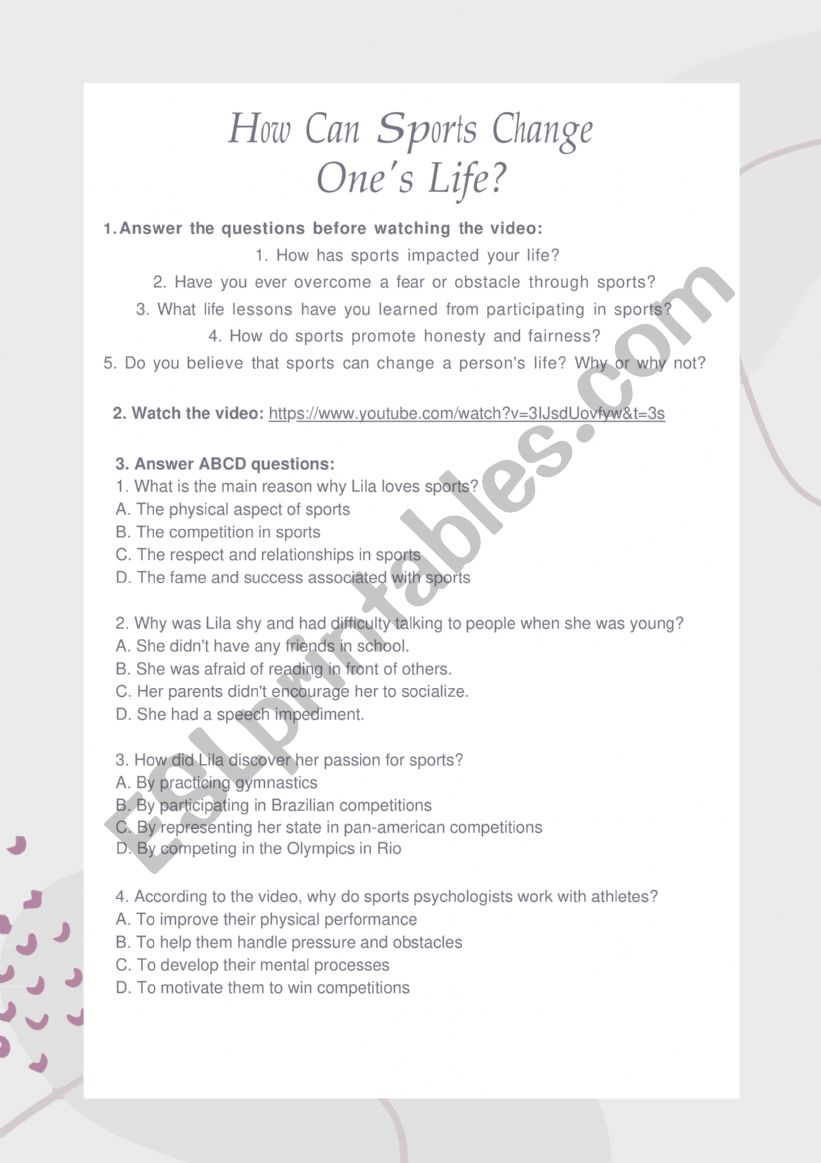 How can sport change one`s life? - ESL worksheet by sofy25