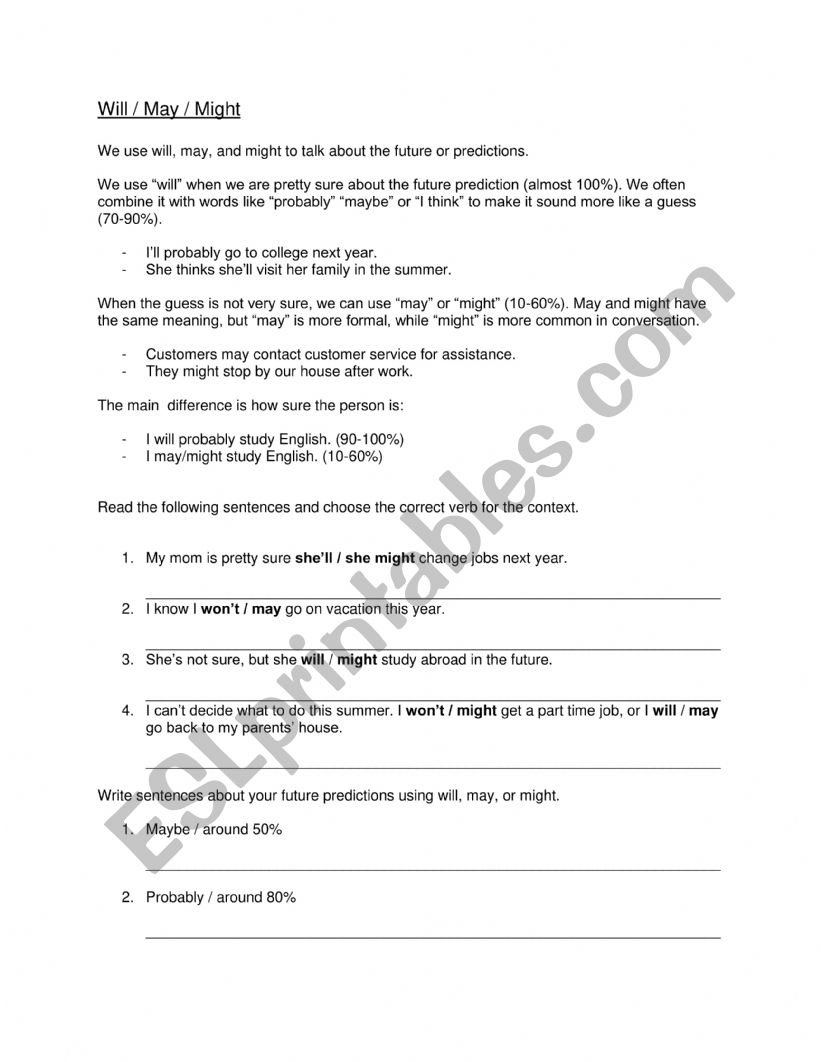 Will / May / Might - ESL worksheet by jenniree