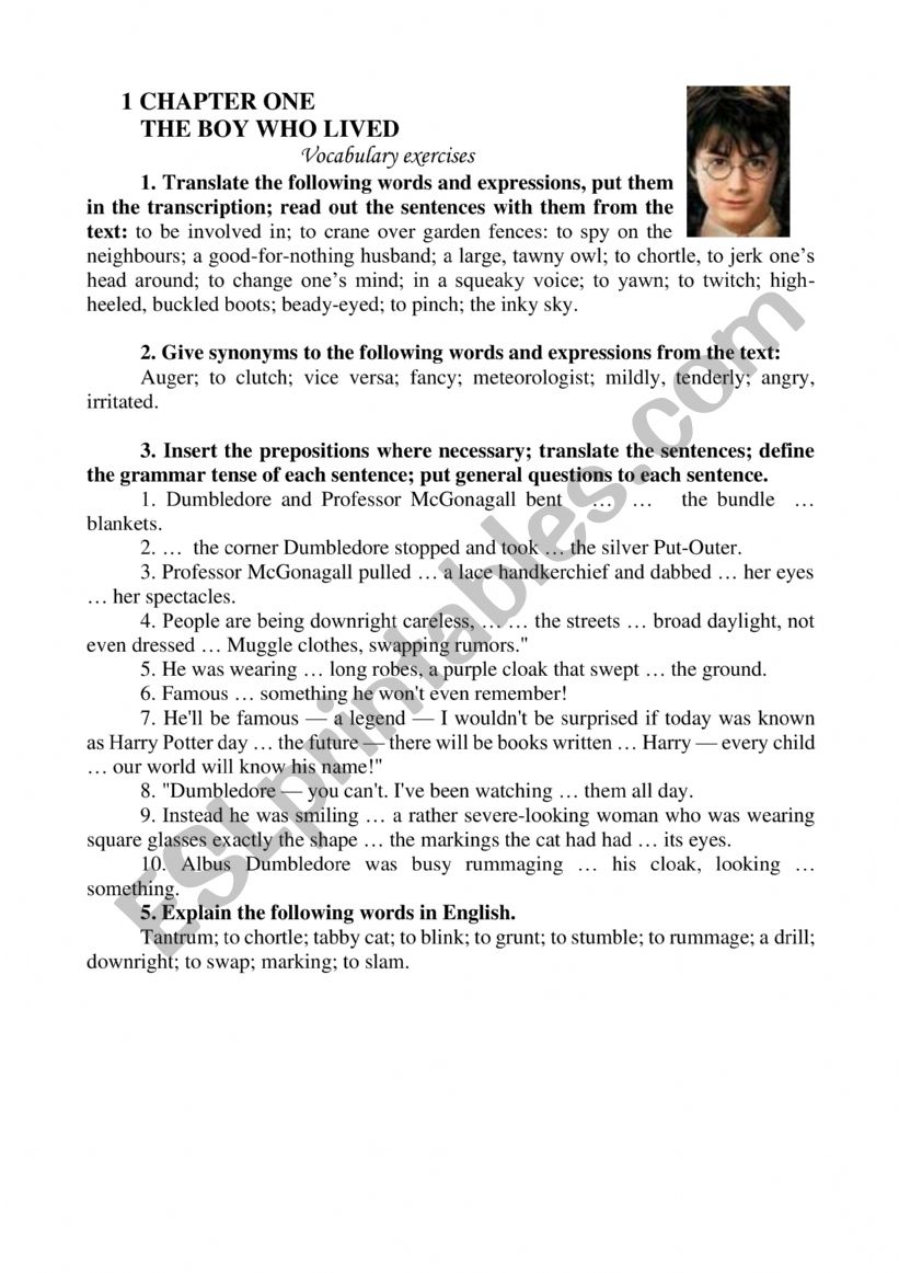 Harry Potter And the philosopherï¿½s stone chapter 1 - ESL worksheet by ...