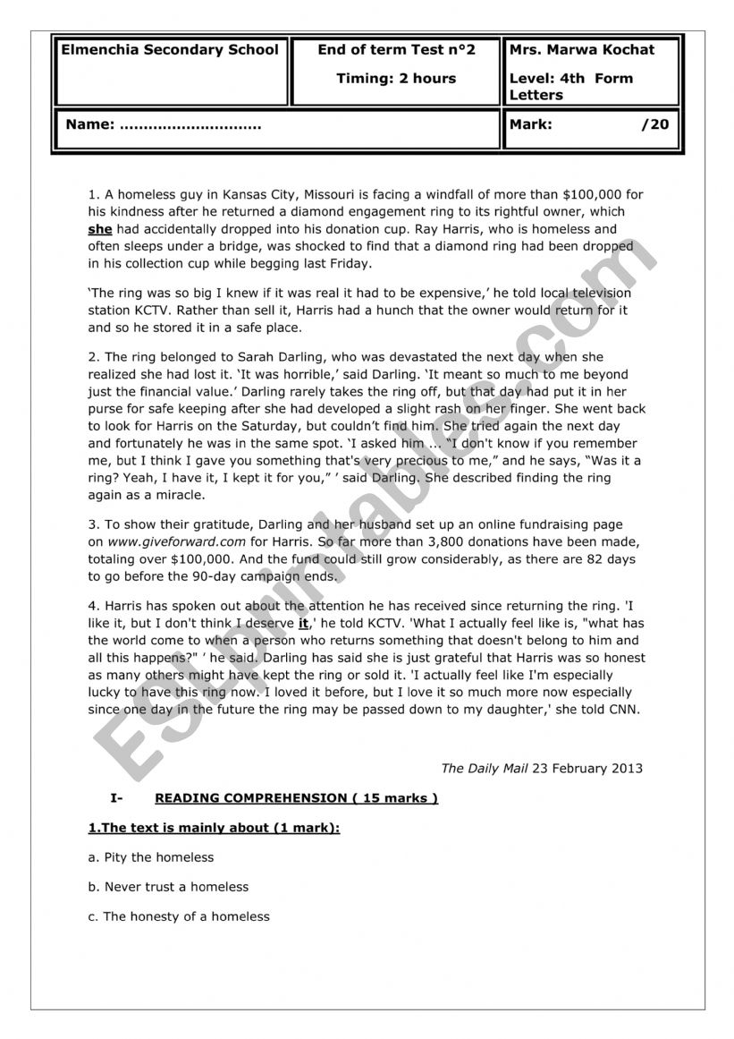 BAC letters end of term exam n°2 - ESL worksheet by rewa123