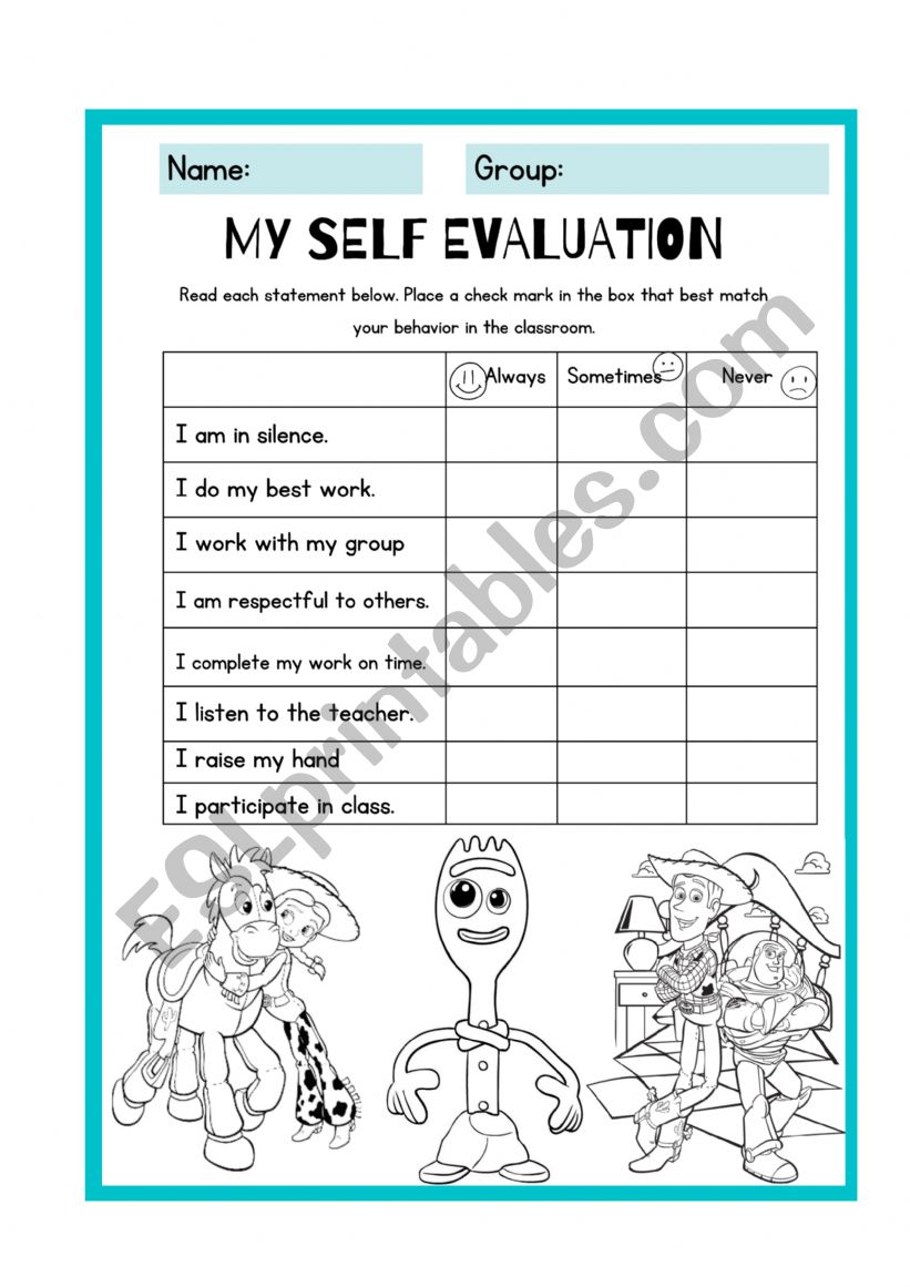 My self evaluation Toy Story - ESL worksheet by lauradelgadocruz.
